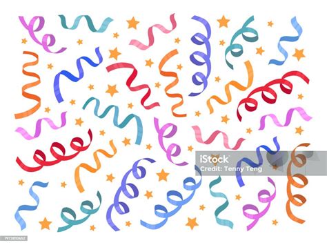 생일 파티 곱슬 리본 색종이 와 구불구불한 리본 축제 색종이 패턴 평면 벡터 배경 그림입니다 만화 생일 파티 배경 나선형 가랜드에 대한 스톡 벡터 아트 및 기타 이미지