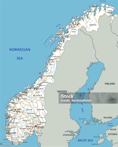 High Detailed Norway Road Map With Labeling Stock Illustration