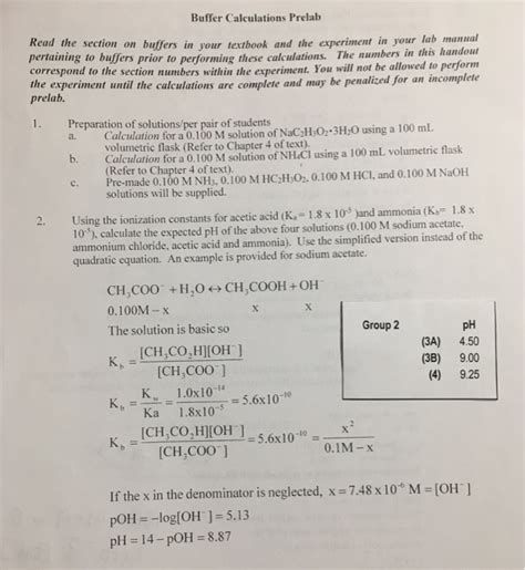 Solved Buffer Calculations Prelab Read The Section On