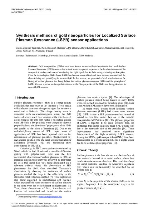 Pdf Synthesis Methods Of Gold Nanoparticles For Localized Surface