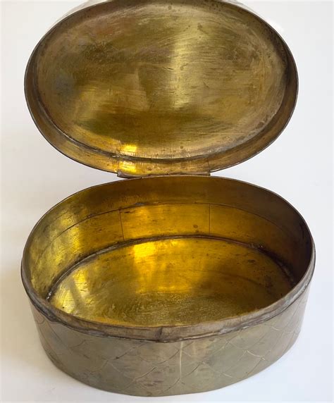 Hinged Solid Brass Box Vintage 70s Etched Designs Aged Patina Trinket