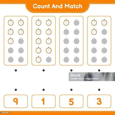 카운트와 매치 스톱워치의 수를 계산하고 올바른 숫자와 일치시킵니다 교육 어린이 게임 인쇄 가능한 워크 시트 벡터 일러스트 레이