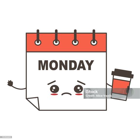 귀여운 만화 슬픈 달력 문자 에 월요일 와 커피 재미있는 벡터 일러스트 1월에 대한 스톡 벡터 아트 및 기타 이미지 1월 감정 귀여운 Istock