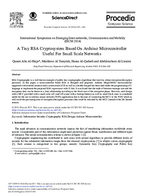 Pdf A Tiny Rsa Cryptosystem Based On Arduino Microcontroller Useful