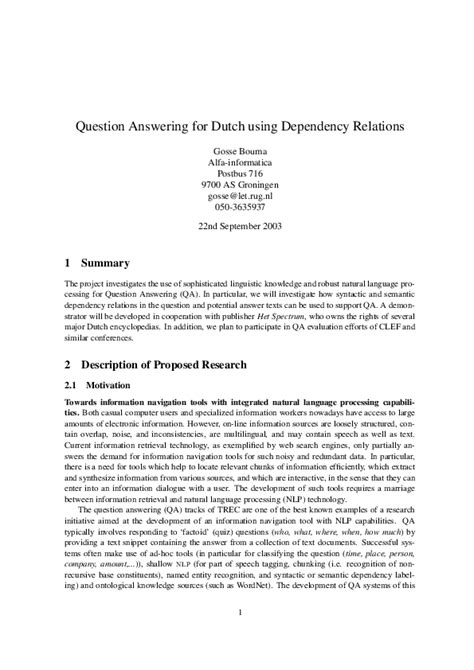 Pdf Question Answering For Dutch Using Dependency Relations