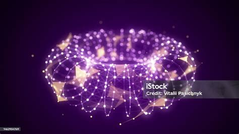 보라색 배경에 있는 미래의 동적 와이어프레임 원환체 과학적 데이터의 흐름 미래 지향적인 디지털 기술 3d 렌더링 와이어 프레임 모델에 대한 스톡 사진 및 기타 이미지