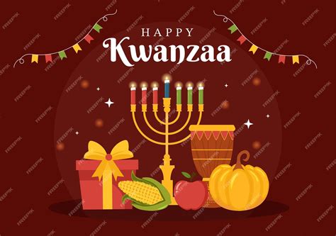 Happy Kwanzaa Holiday 아프리카 손으로 그린 그림 7가지 원칙의 이름 순서로 촛불에 프리미엄 벡터