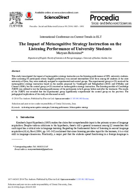 pdf the impact of metacognitive strategy instruction on the listening