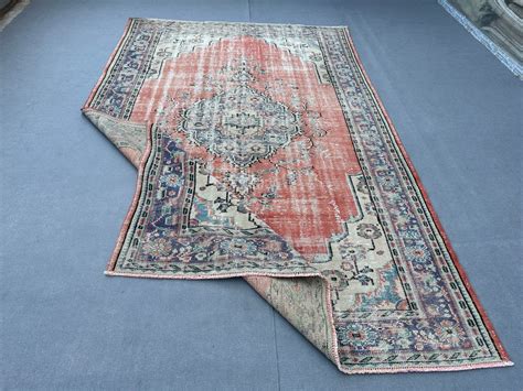 Handwoven Turkish Oushak Wool Rug Pale Salmon And Blue 6x9 Vintage Etsy