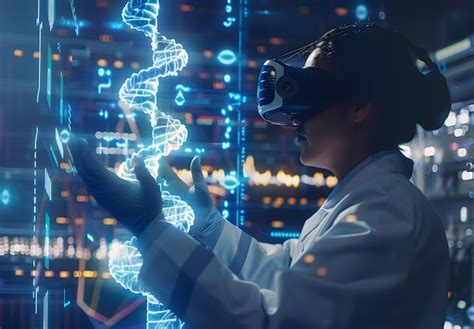 Female Scientist Wearing Vr Headset Touching Dna Premium Ai Generated Image