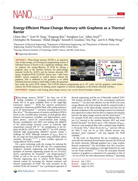 PDF Energy Eﬃcient Phase Change Memory with Graphene poplab stanford edu pdfs Ahn