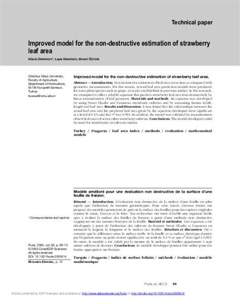 Pdf Improved Model For The Non Destructive Estimation Of Strawberry Leaf Area Hüsnü Demirsoy