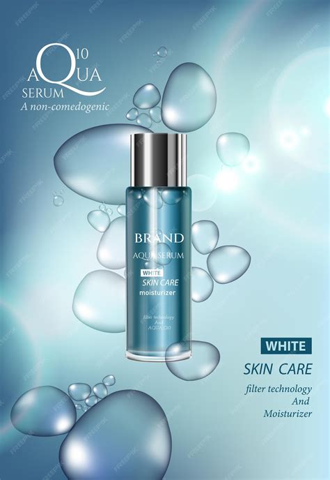 아쿠아 스킨 케어 화장품 광고 홍보 포스터 템플릿 수중 푸른 햇빛 광선 거품 벡터 및 깊은 바다 현실적인 배경 3d 그림 프리미엄 벡터