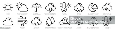 날씨 라인 아이콘 모음입니다 일기 예보 기호입니다 날씨 구름 비 눈 바람 허리케인 태양 달 온도계 등 스톡 벡터 개체 그룹에 대한 스톡 벡터 아트 및 기타 이미지 Istock