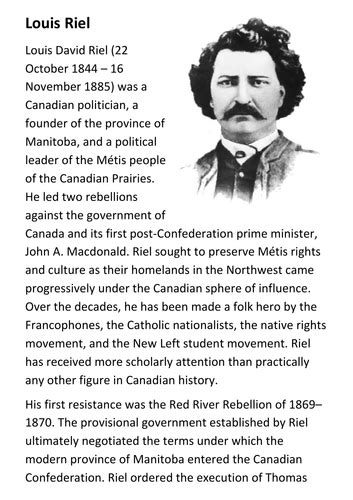 Louis Riel Handout Teaching Resources