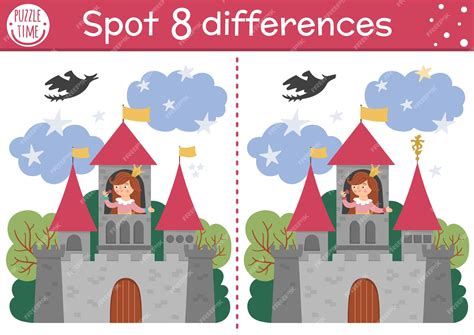 아이들을 위한 차이점 찾기 게임 성에 있는 귀여운 공주와 함께하는 동화 교육 활동 판타지 캐릭터가 있는 아이들을 위한 마법의