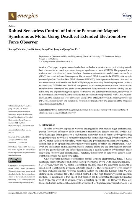 PDF Robust Sensorless Control Of Interior Permanent Magnet Synchronous Motor Using Deadbeat