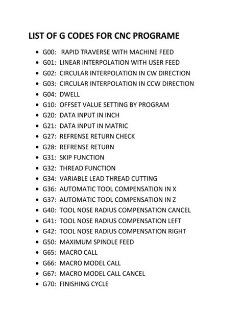 List Of G Codes For Cnc Programe Pdf
