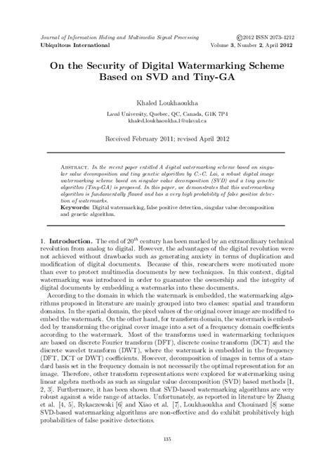 Pdf On The Security Of Digital Watermarking Scheme Based On Singular Value Decomposition And