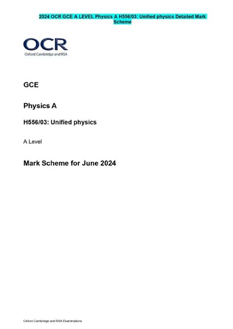 2024 OCR GCE A LEVEL Physics A H556 03 Unified Physics Detailed Mark Scheme Ocr Ms Stuvia US