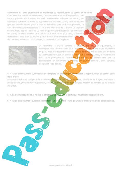 La reproduction sexuée Exercices corrigés ere Secondaire Cycle PDF à imprimer