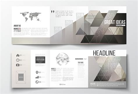 세트 트라이폴드 브로셔 스퀘어 디자인 템플릿 마이크로칩 배경기술 0명에 대한 스톡 벡터 아트 및 기타 이미지 0명 2차 도형 3단 브로슈어 Istock