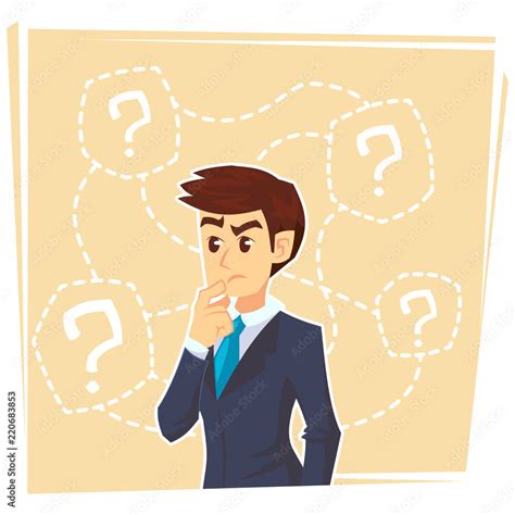 Thinking Businessman Standing Under Question Marks Young Caucasian