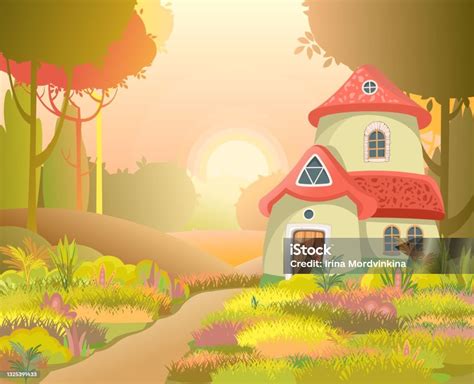 클리어링에 멋진 재미있는 집 빨간 지붕 잔디 초원 아름다운 만화 숲 풍경 일러스트 길 나무 문 귀여운 아기 사진 벡터 동화에 대한 스톡 벡터 아트 및 기타 이미지 Istock