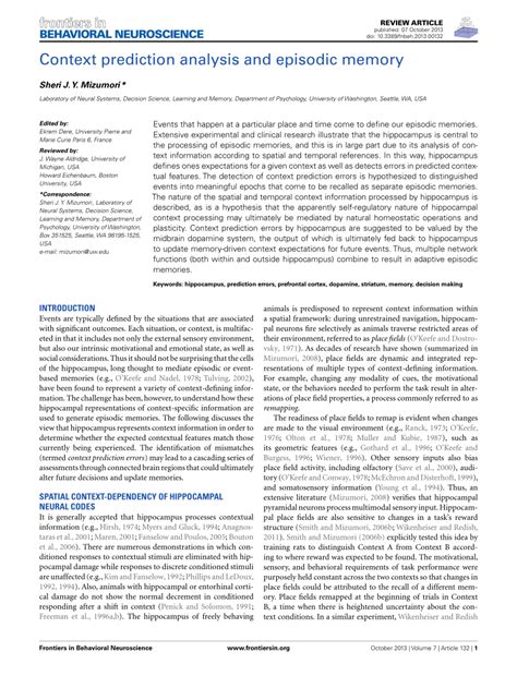 Pdf Context Prediction Analysis And Episodic Memory