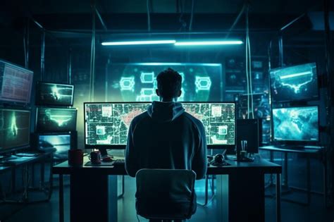 Premium Ai Image Male Hacker In A Room In Front Of Monitors
