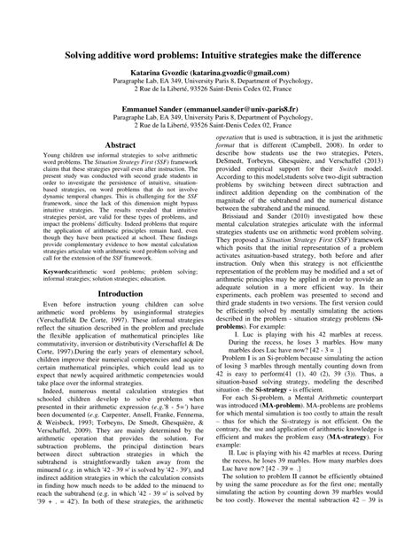Pdf Solving Additive Word Problems Intuitive Strategies Make The Difference