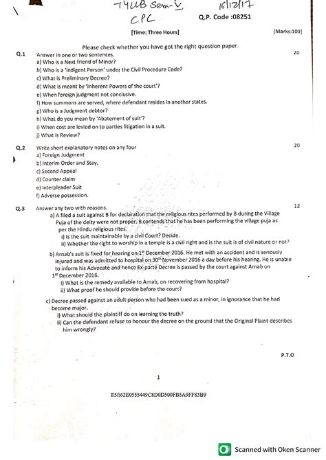 2017 18 Question Paper CPC Bachelors Of Law 3 Years Studocu