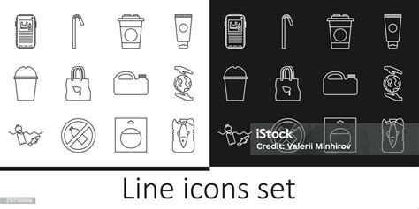 세트 라인 해양 플라스틱 오염 중지 지구 지구본 종이 유리 재활용 물 기계 오일 용 용기 및 마시는 밀짚 아이콘을 가진 쇼핑백을 들고 있습니다 벡터 개념에 대한 스톡 벡터