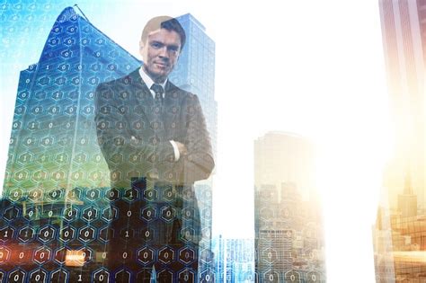 Premium Photo Smiling Businessman With Binary Code