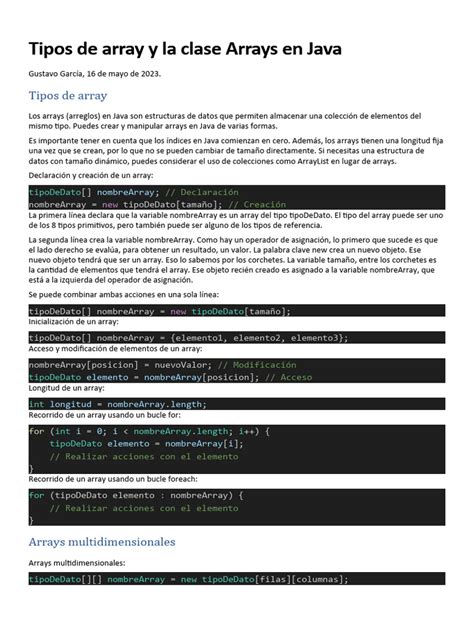 tipos de array y la clase arrays en java pdf