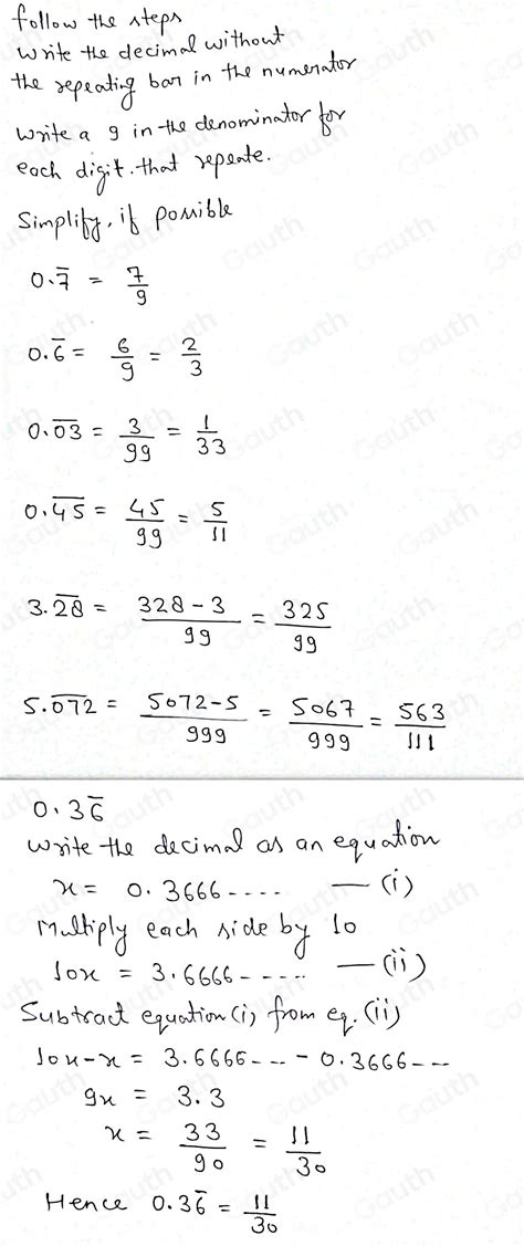 Solved Write A Repeating Decimal As A F Overline 072 Tion In Simplest