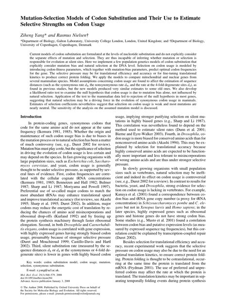 Pdf Mutation Selection Models Of Codon Substitution And Their Use To Estimate Selective