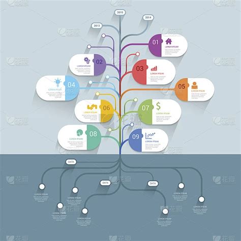 时尚的树时间轴过程历史思维导图业务信息图模板模型。网站信息图背景概念集合。素材 花瓣网