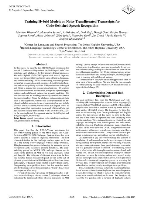 Pdf Training Hybrid Models On Noisy Transliterated Transcripts For Code Switched Speech