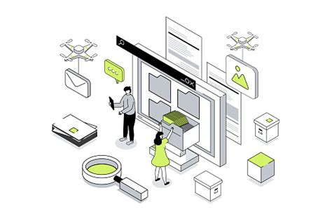 전자 조직 파일 웹용 아웃라인 아이소메트리 디자인의 3d 아이소메트릭 개념 컴퓨터 화면에서 디지털 데이터베이스로 작업하는 사람들 저장을 위해 폴더를 정리하는 사람들 벡터