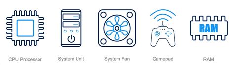 A Set Of 5 Computer Parts Icons As Cpu Processor System Unit System Fan Stock Illustration