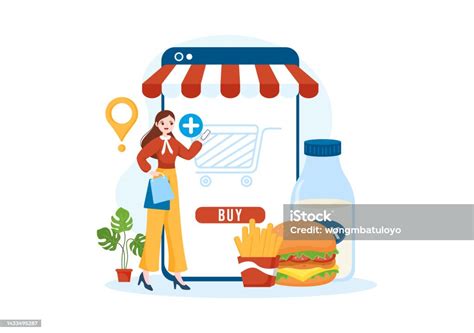 온라인 식료품 점 또는 슈퍼마켓은 플랫 만화 손으로 그린 템플릿 일러스트레이션에서 응용 프로그램을 통해 매일 필수품 또는 음식을