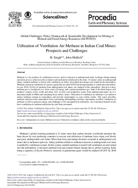 Pdf Utilization Of Ventilation Air Methane In Indian Coal Mines Prospects And Challenges