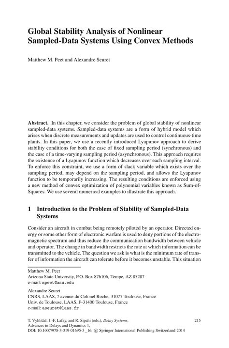 PDF Global Stability Analysis Of Nonlinear Sampled Data Systems Using Convex Methods