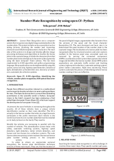Pdf Irjet Number Plate Recognition By Using Open Cv Python