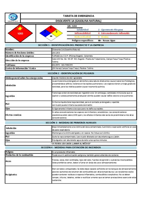 Tarjeta De Emergencia Gasolina 161 Un 1203 SecciÓn 4 Medidas Para ExtinciÓn De Incendios