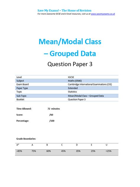 943 Mean Modal Class Grouped Data Cie Igcse Maths 0580 Ext Theory Qp Pdf Secondary