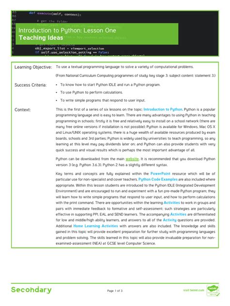 Introduction To Python Lesson One Teaching Ideas Pdf Python Programming Language