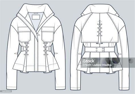 재킷 기술 패션 일러스트 자른 트렌치 코트 패션 플랫 기술 도면 템플릿 전면 및 후면보기 레이스 업 집업 화이트 여성 남성 남녀 공용 Cad 모형 0명에 대한 스톡 벡터