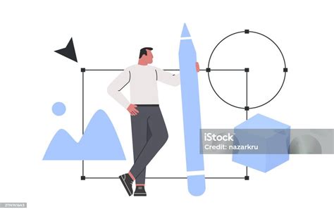 벡터 그래픽 편집기 또는 거대한 스타일러스 펜으로 디자인 프로그램에서 작업하는 디자이너 일러스트레이터 벡터 일러스트레이션을